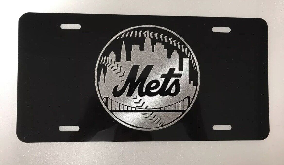 New York Mets Logo Car Tag Diamond Etched on Black Aluminum License ...