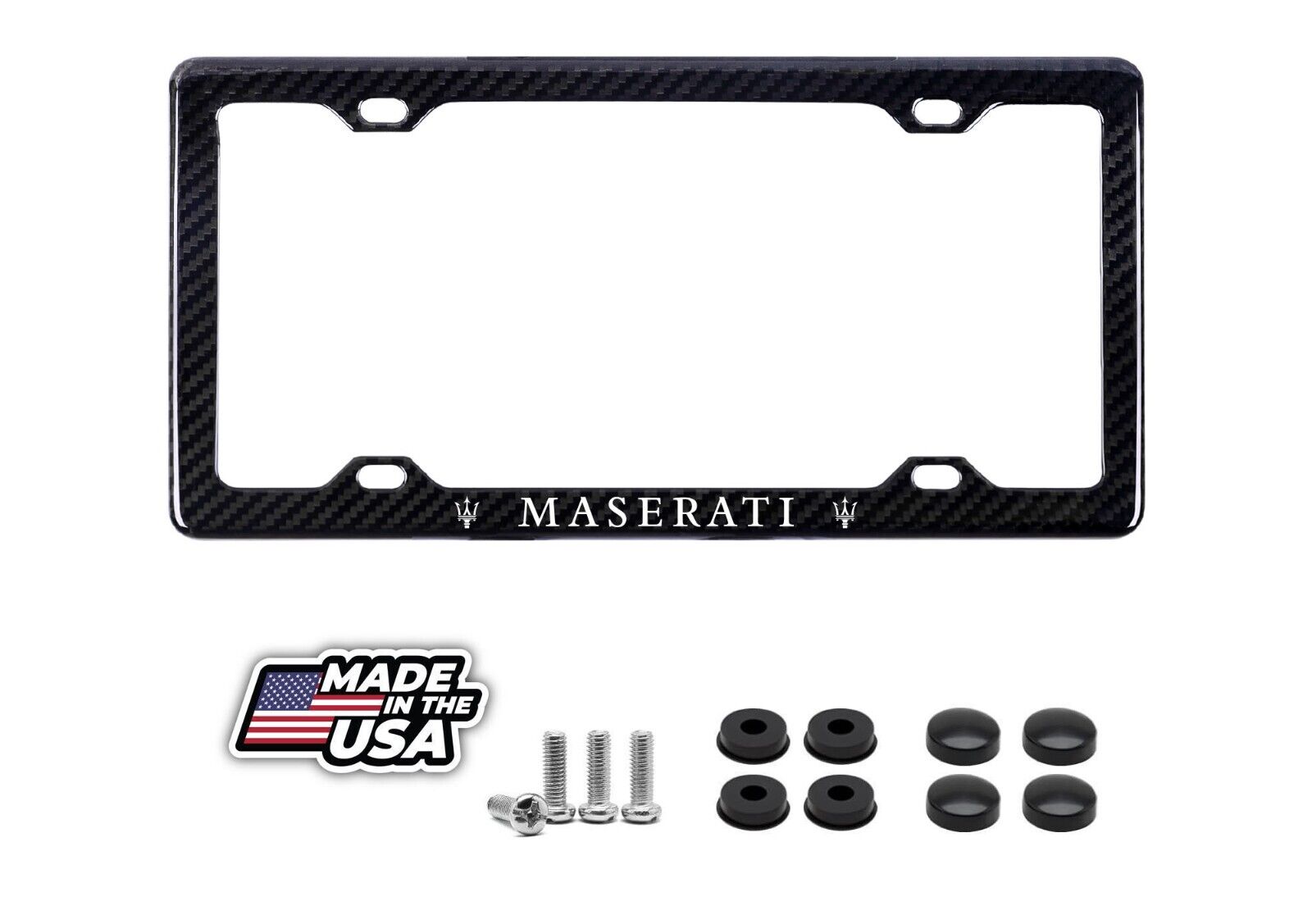 Maserati White Text & Trident Logos 4 Hole Slim Carbon Fiber Plate ...