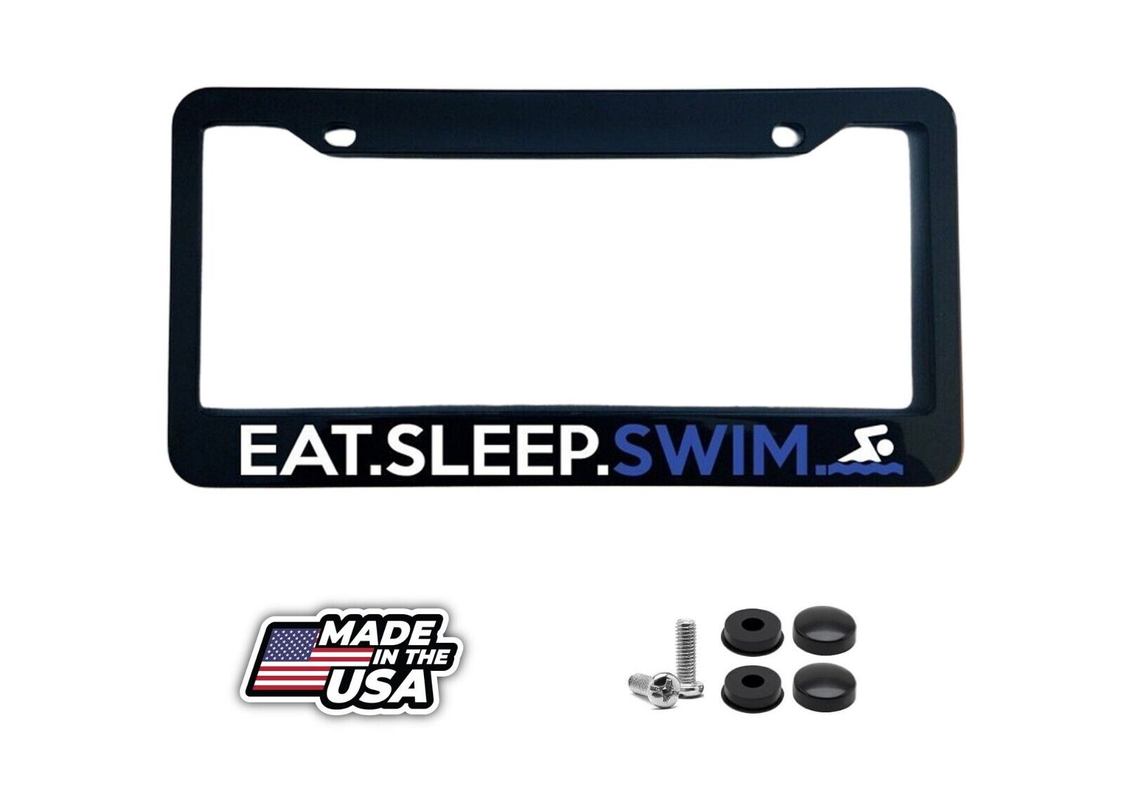 EAT SLEEP SWIM Glossy Black License Plate Frame