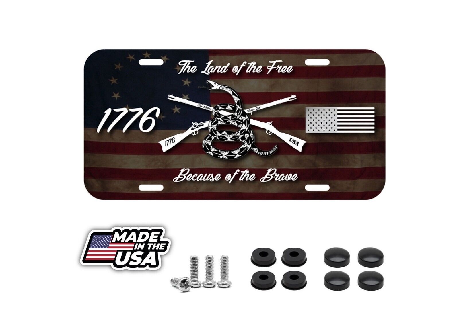 LAND OF FREE BRAVE 1776 USA FLAG Patriot Vehicle License Plate Auto Car ...