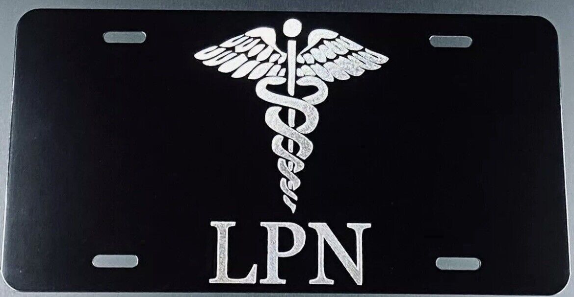 LPN Nurse Caduceus Car Tag Engraved Etched Black Aluminum License Plate ...