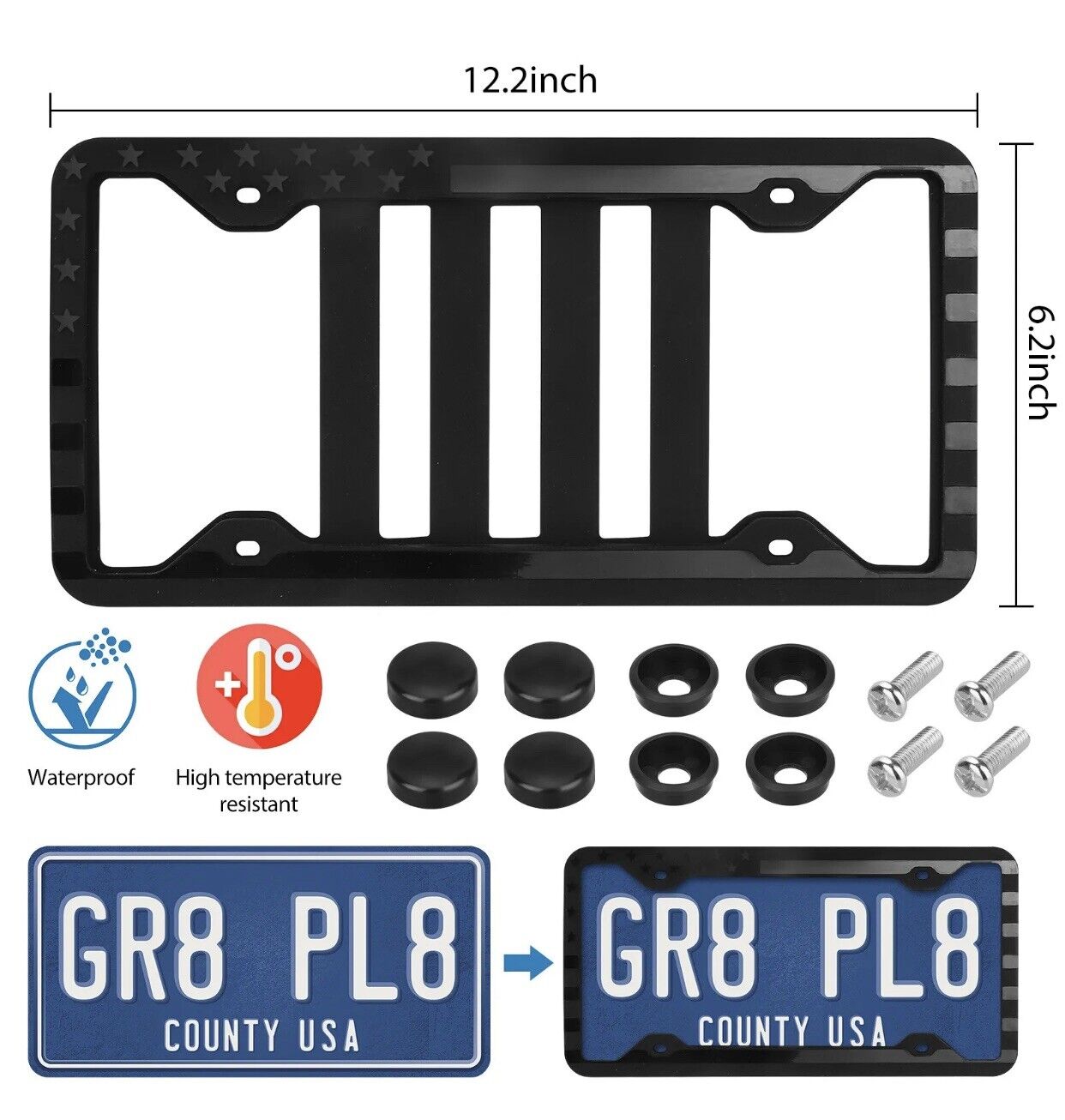 1X Black 3D USA American Flag License Plate Frame Holder Car Tag Decal ...