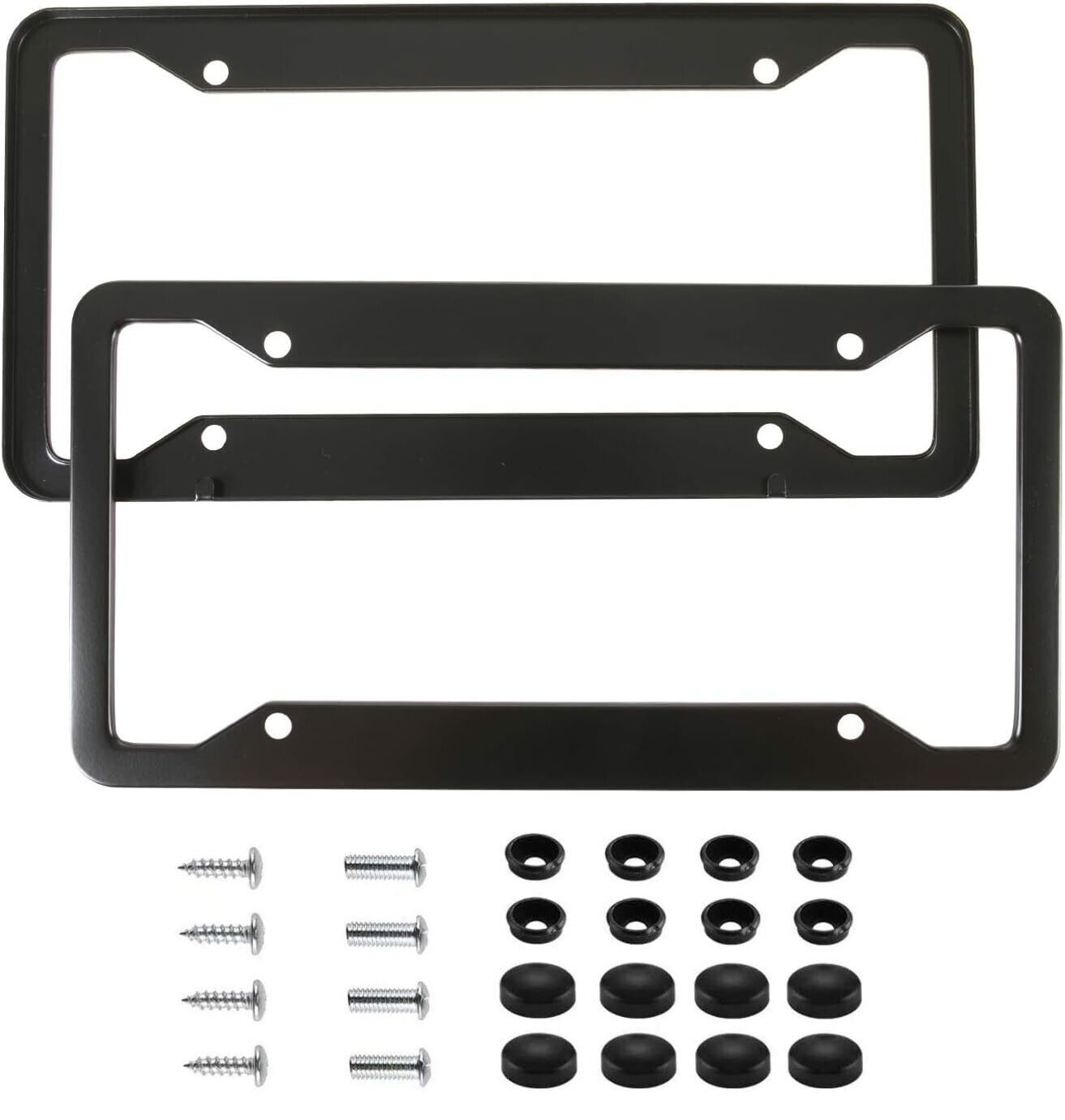 License Plate Frames, 2 Pcs 4 Holes Slim Stainless Steel Matte Black + Caps