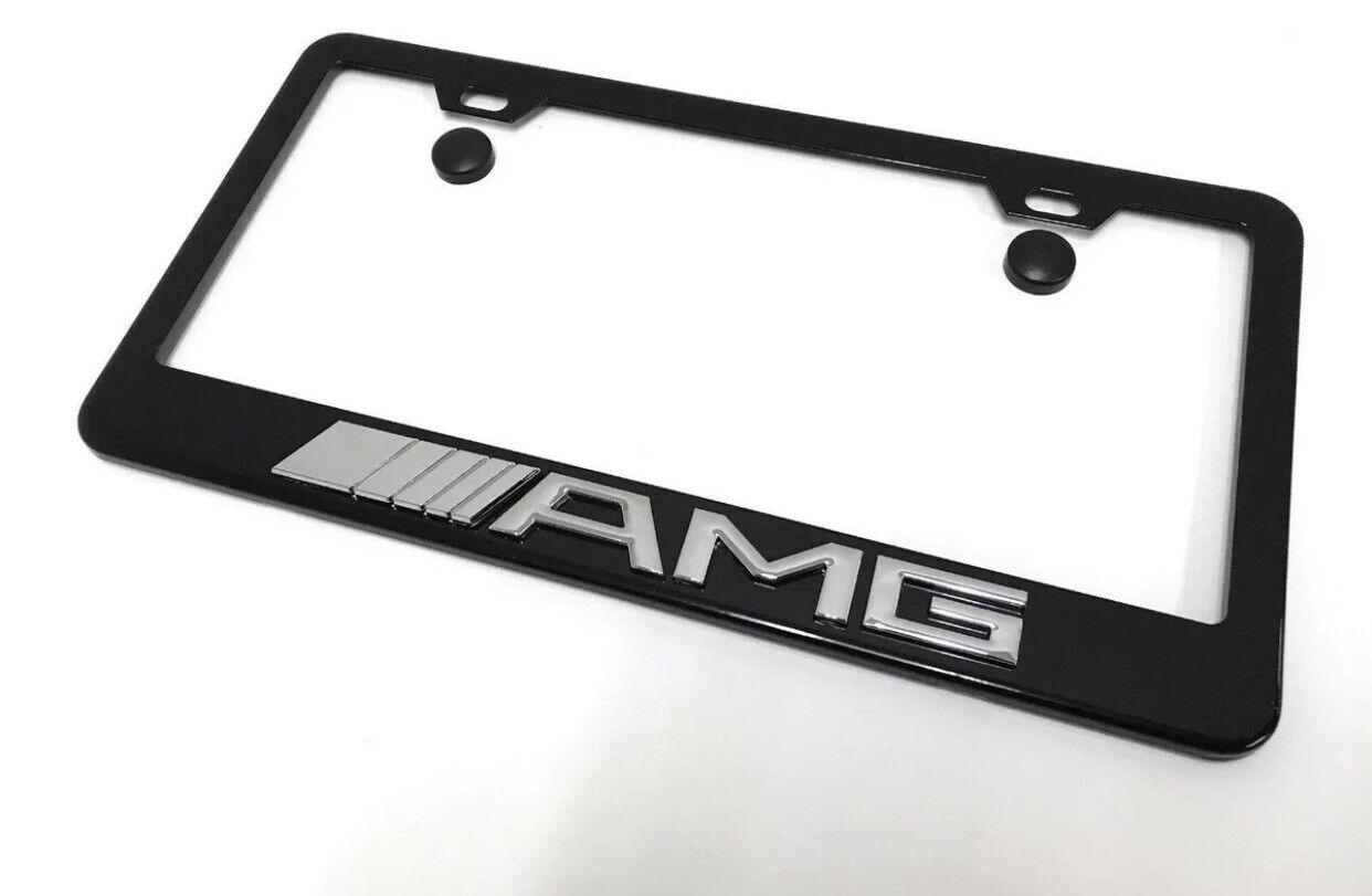 (1) 3D ////AMG Emblem Logo BLACK Coated Metal License Plate Frame Holder