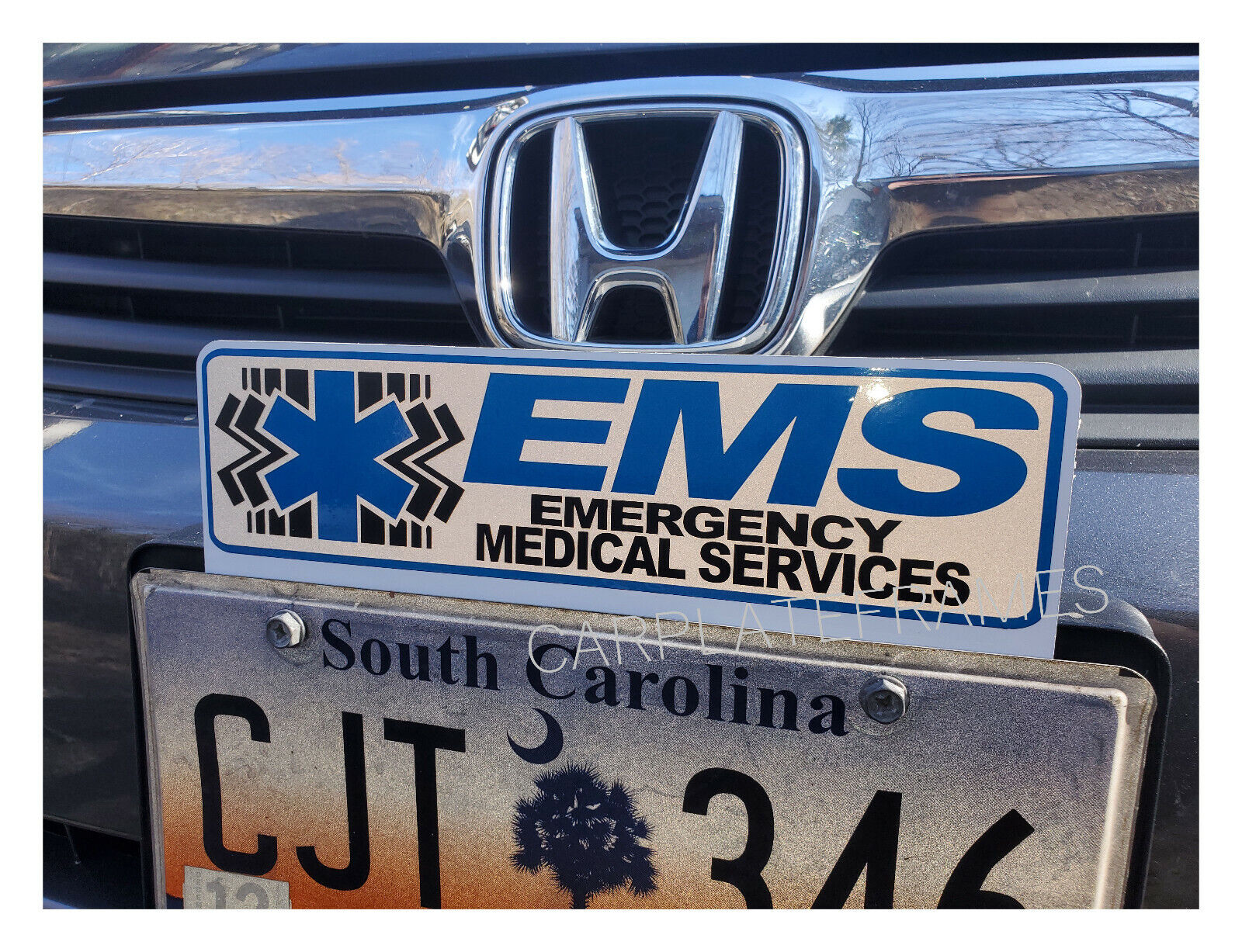 TOP MOUNT EMS 10"X4" METAL REFLECTIVE EMS License Plate frame Topper ...