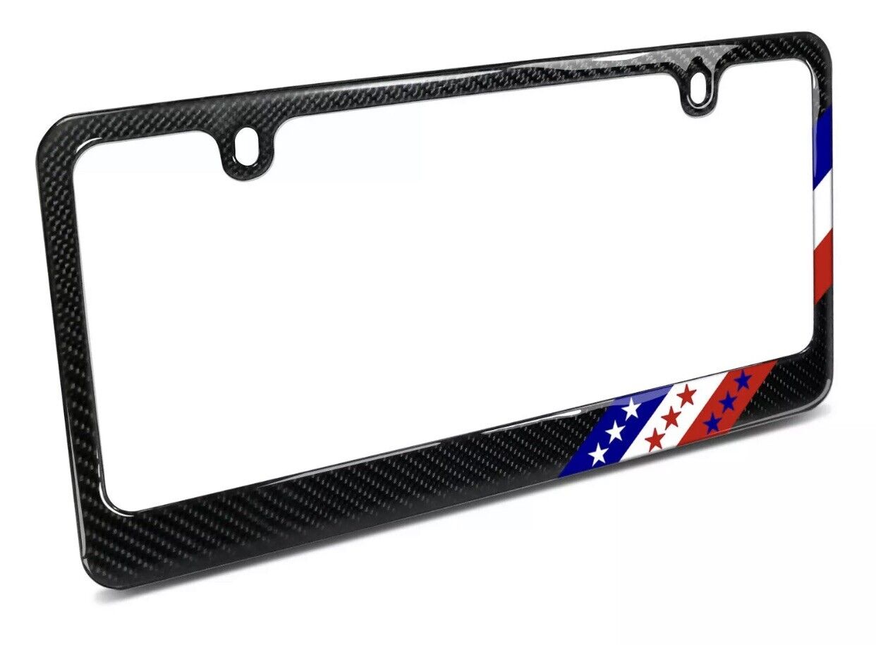 Real Black Carbon Fiber USA Amercan Flag Sports Stripe License Plate Frame