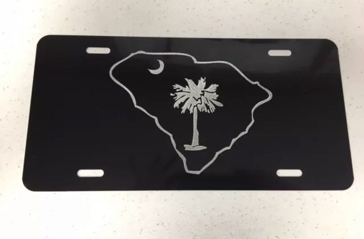 SC Palmetto outline Logo Car Tag Diamond Etched on Black Aluminum ...