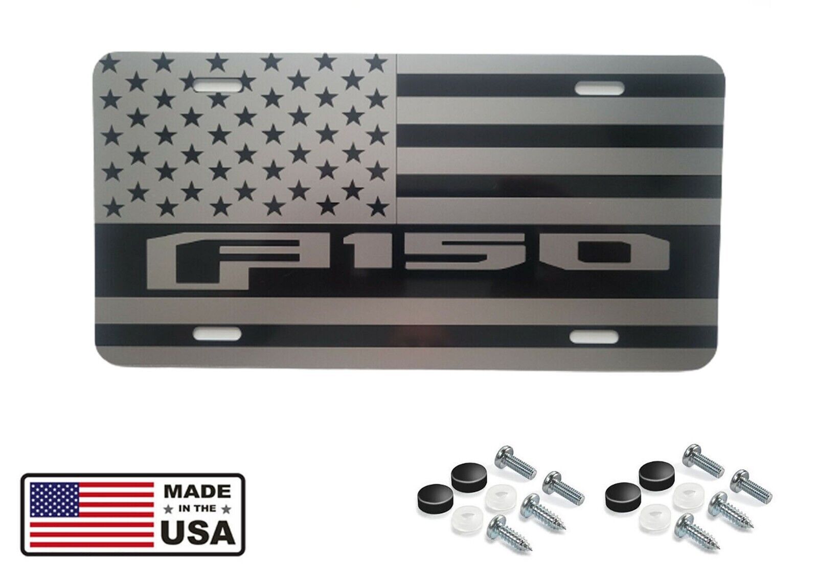 Ford F-150 American Flag License Plate Gloss Black plate Silver flag ...