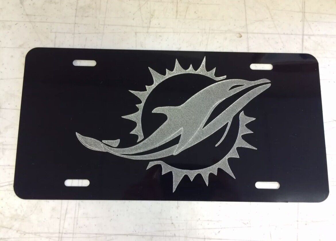 Miami Dolphins Logo Car Tag Diamond Etched on Black Aluminum License ...