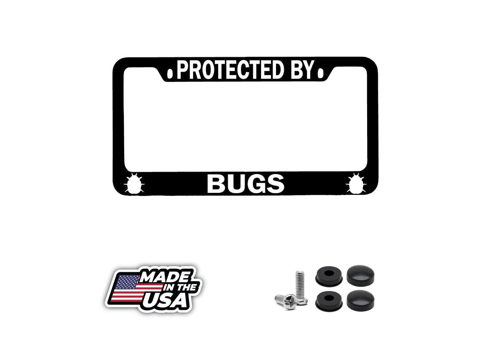 Protected By Bugs Black METAL License Plate Frame Auto