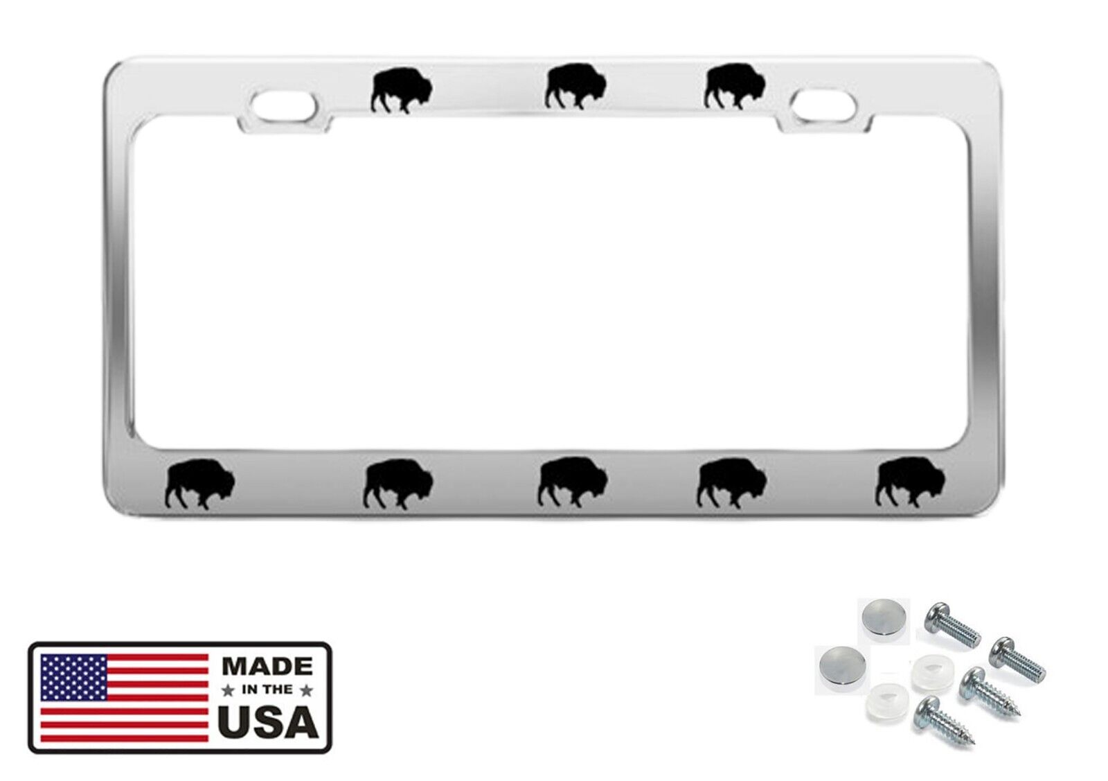 BUFFALO License Plate Frame Metal Chrome Steel Heavy Duty Tag Border