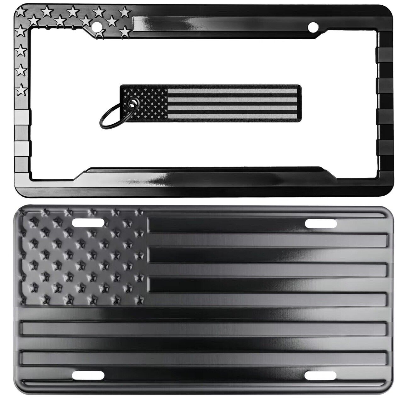 American flag Embossed license plate & Frame Key Chain Combo Set Black ...