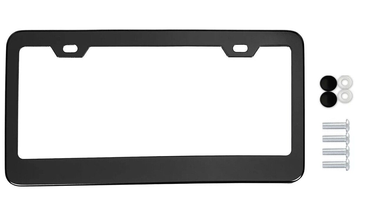 PLAIN BLACK HEAVY METAL LICENSE PLATE FRAME+CAPS RUST FREE-Fits TOYOTA ...