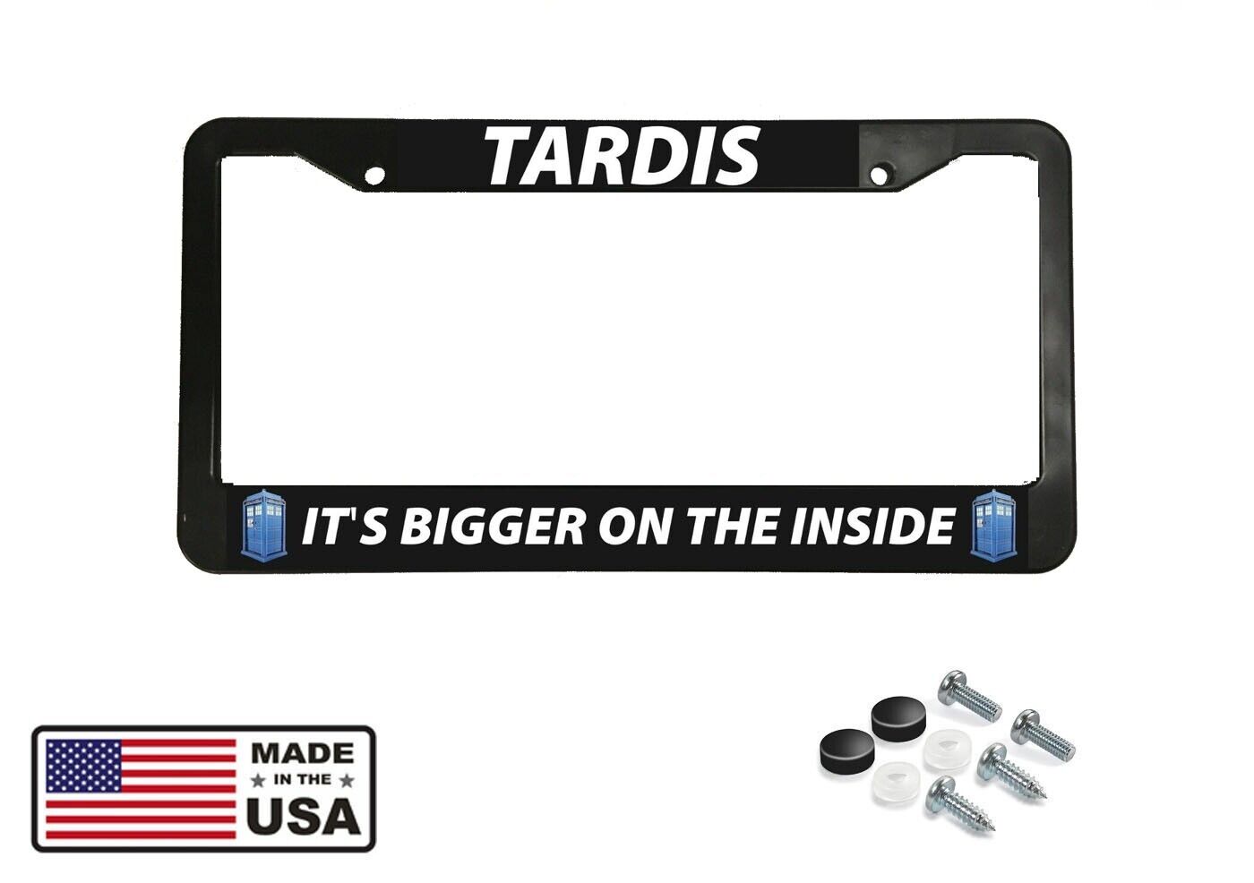 TARDIS ITS BIGGER ON THE INSIDE Doctor Who Black License Plate Frame NEW