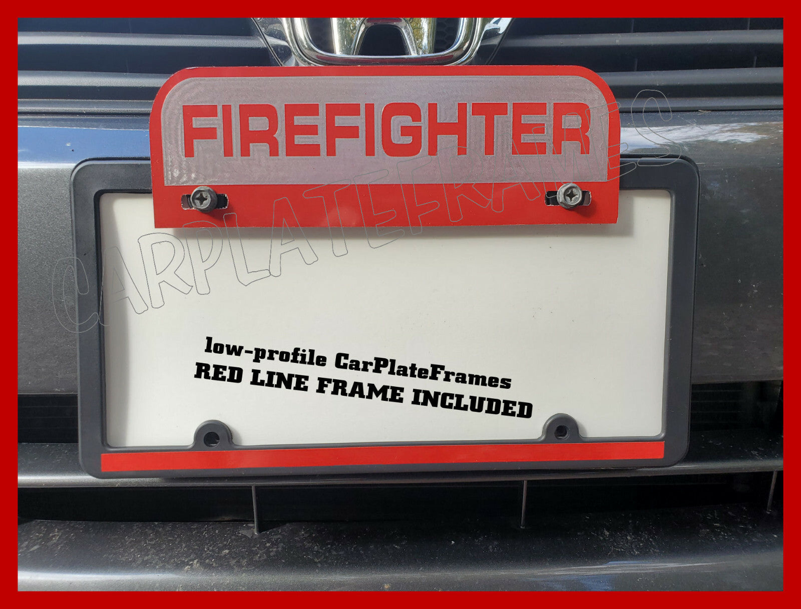ALUMINUM FIREFIGHTER PLATE TOPPER WITH RED LINE LICENSE PLATE FRAME ...